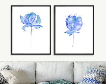 Blue Wall Decor Flower Art Print Painting by Watercolorflower