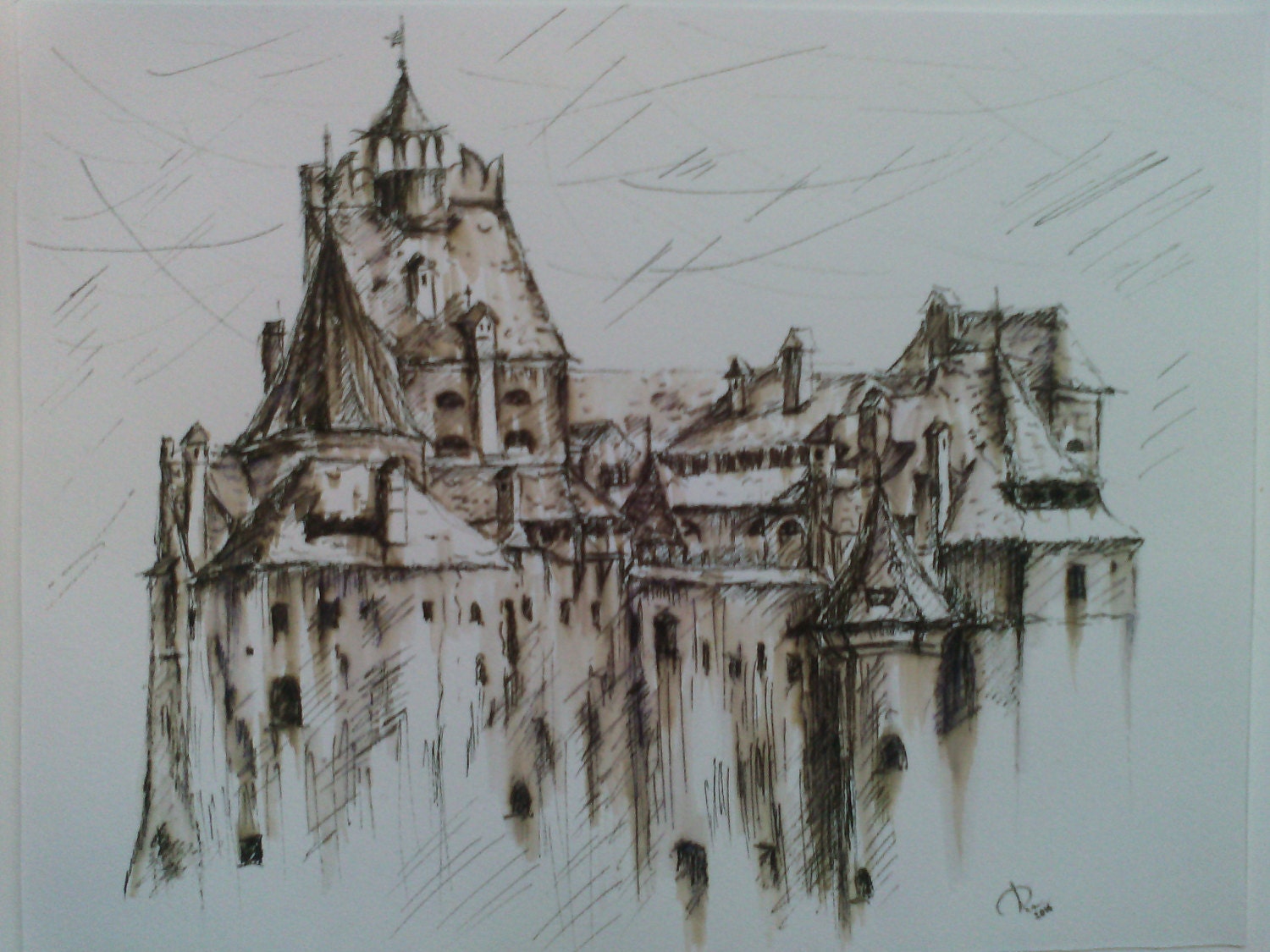 Brown ink drawing Bran Castle Dracula's Castle Washed