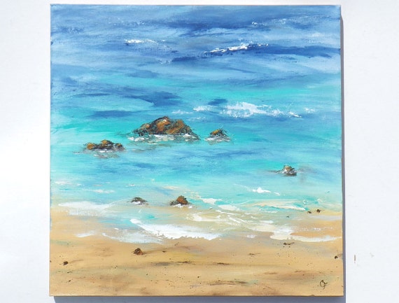 Large beach painting of shoreline in blue turquoise large