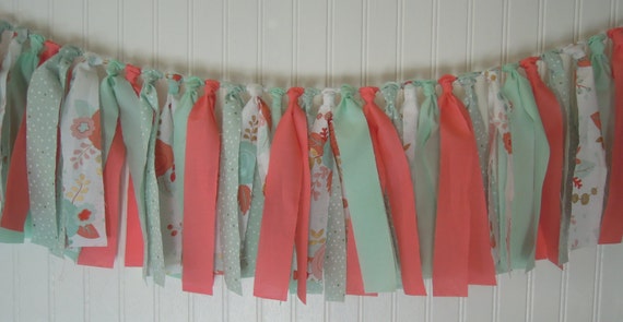 Coral Mint Gold Flower Fabric Banner Birthday by SarwoldSeeds