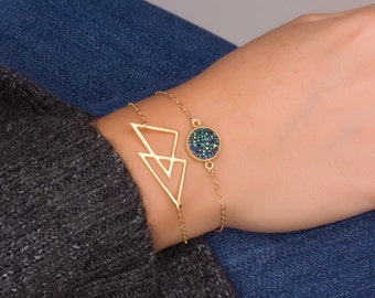 Items similar to Geometric triangles leather bracelet in gold, grey and ...
