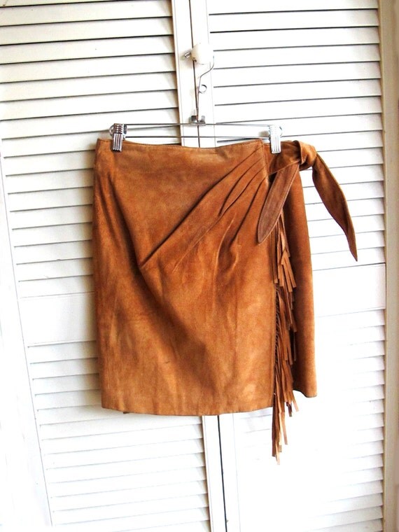 Vintage 1980's High Waisted Fringed Camel Suede Wrap Mini