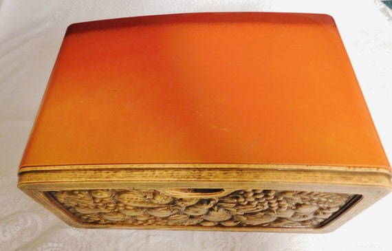 Vintage Metal Bread Box/ Orange with faux Wood Grain Fruit