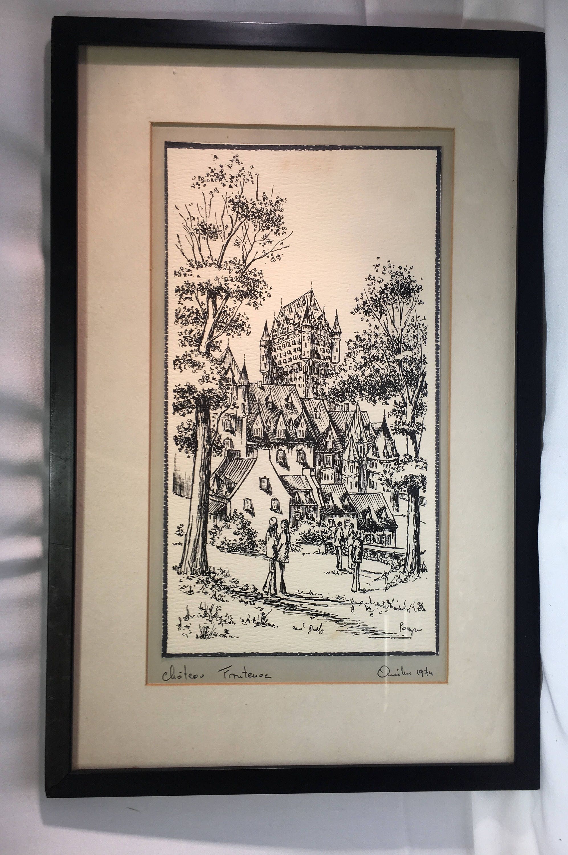 Vintage Original Ink Drawing, Chateau Frontenac