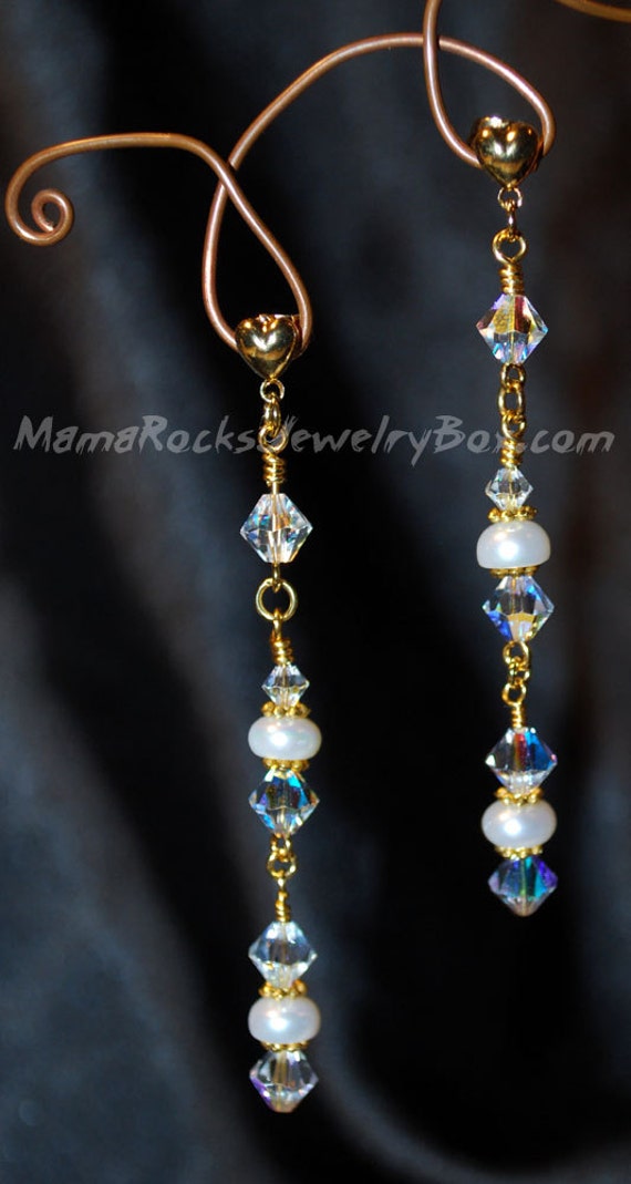 Drop Earrings 4-part Dangle Pearls and Genuine Swarovski