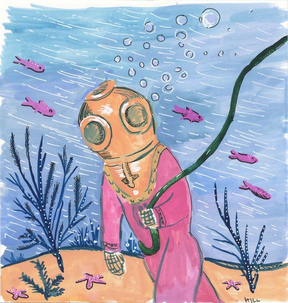 Deep Sea Diver Diving Suit Painting Original Illustration
