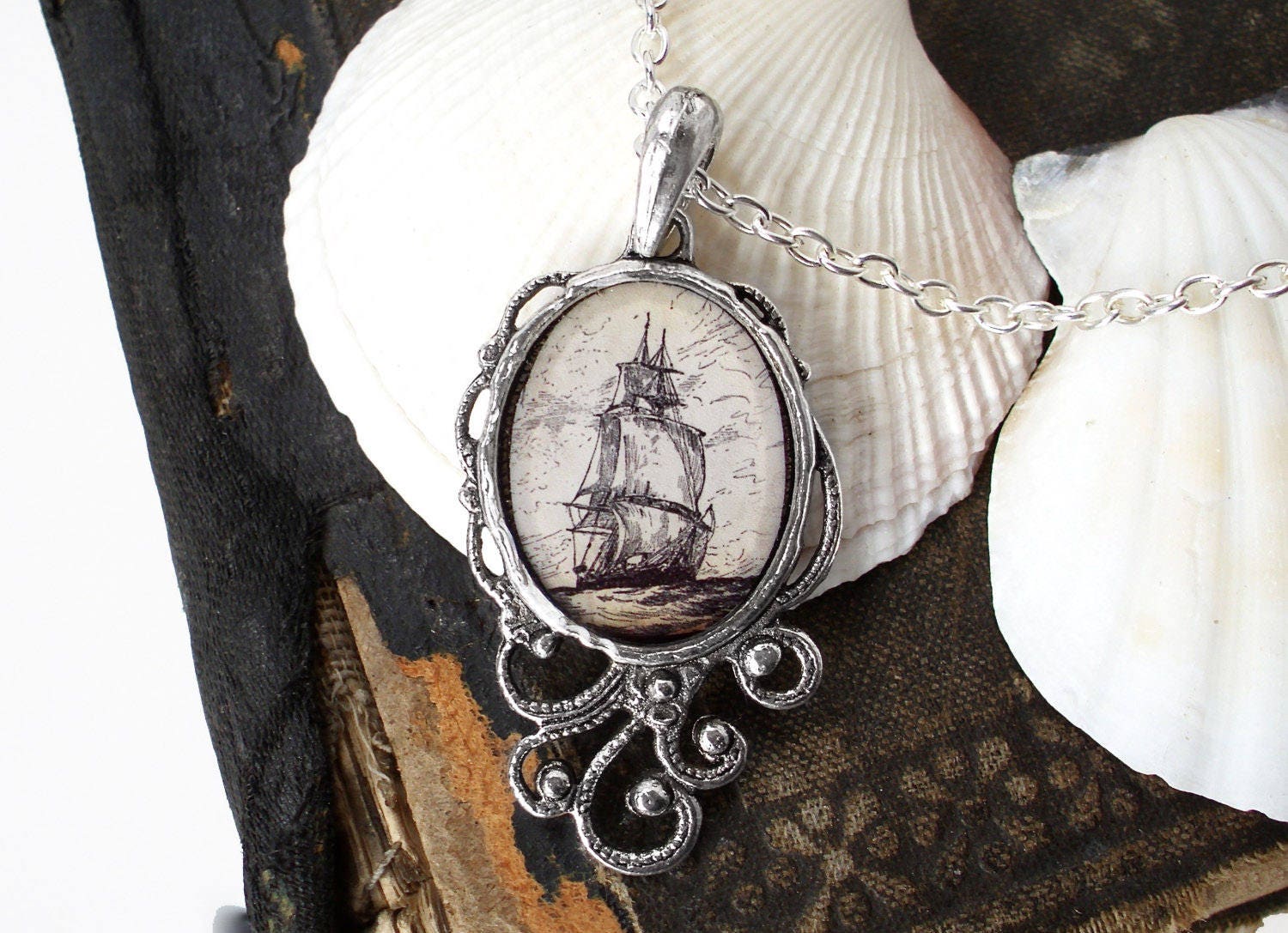 High Seas Pirate Ship Necklace Antique Nautical Print