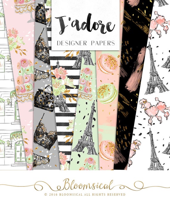 J'adore Digital Paper Pack Paris Macarons Poodle Fashion