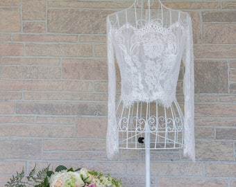 Bridal lace Topper with 3/4 sleeves Cotton lace Crop top