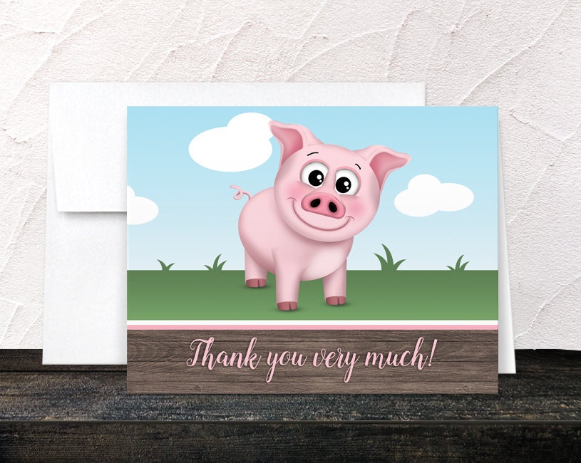 Happy Pink Pig Thank You Cards Farm themed by ArtisticallyInvited