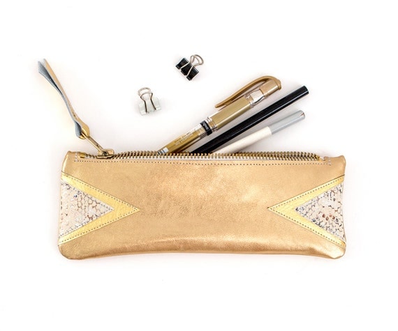 Gold Leather Pencil Case Metallic Gold Pen Pouch Gold