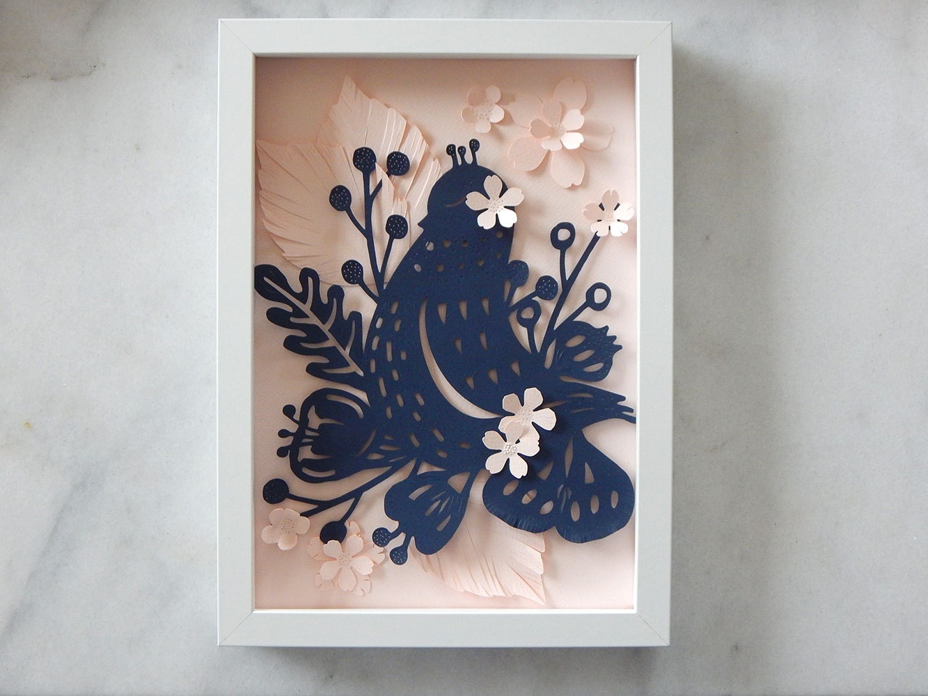 Bird paper cut shadow box. Floral art shadow box. Bird with