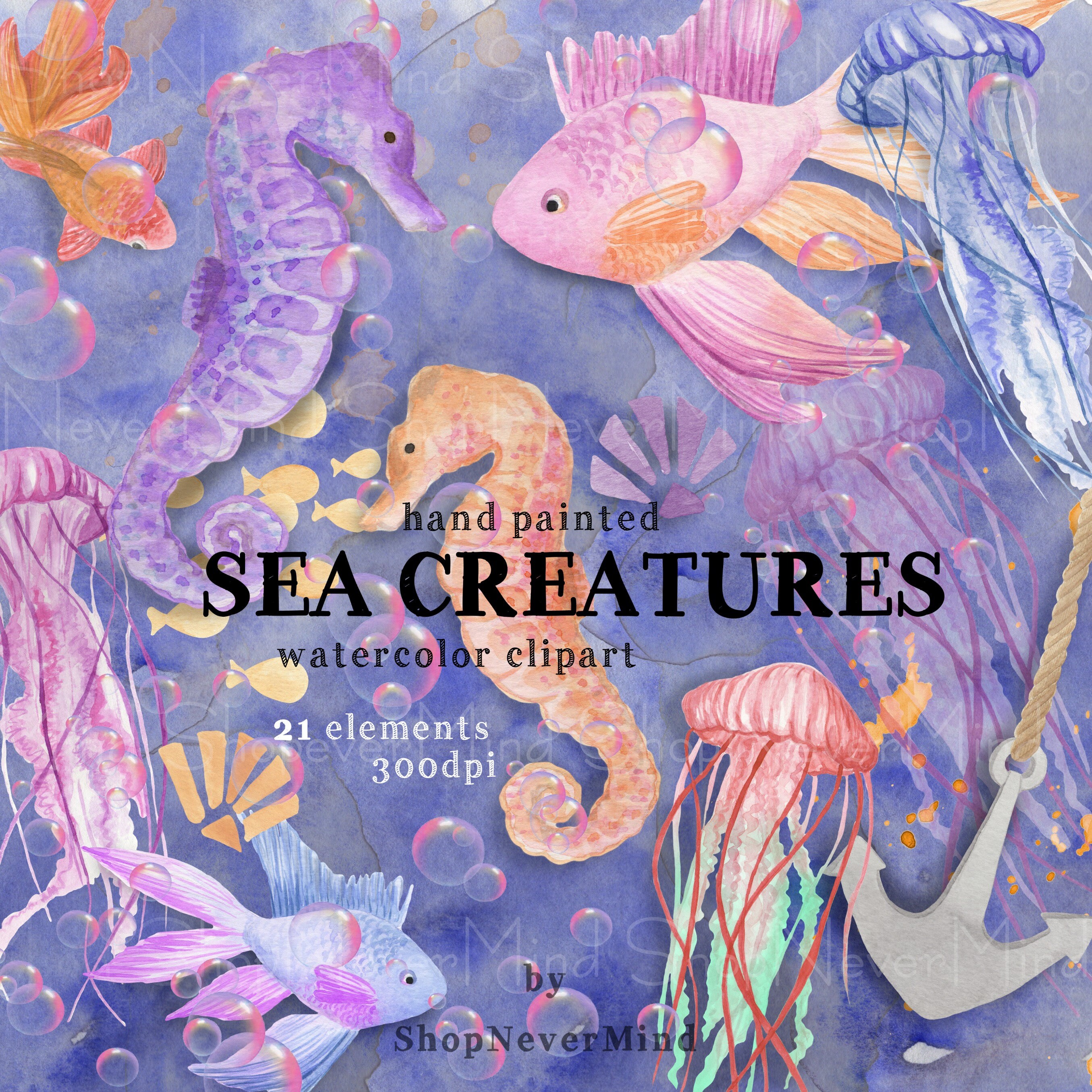 Sea creatures digital clip art watercolor digital ocean