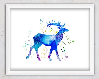 Blue Deer Art Print Watercolor Wildlife Abstract Painting