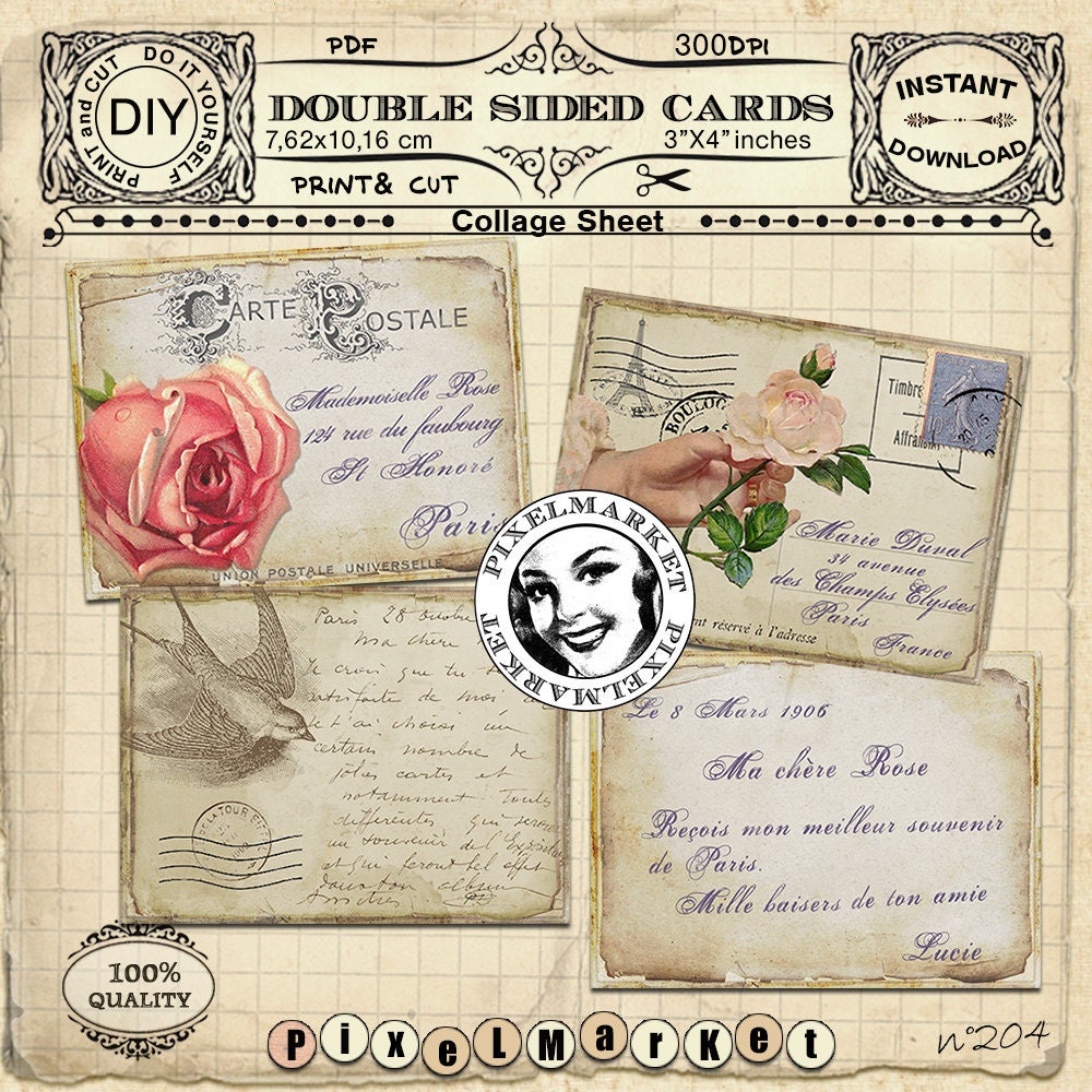 French vintage Postcards Printable JOURNAL CARD Double sided