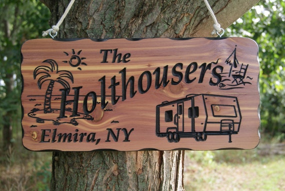 Family Camper Sign Personalized Carved Wooden Last Name Rustic