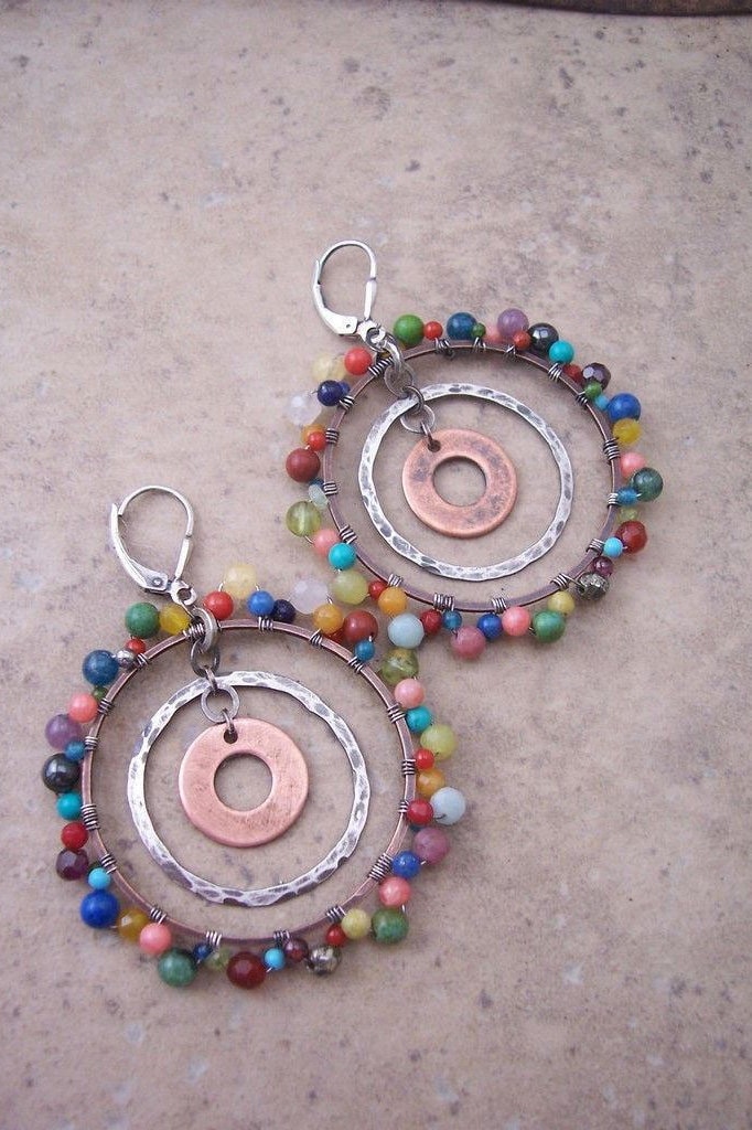Boho gemstone hoop earrings Multi-colored gemstones Hoop