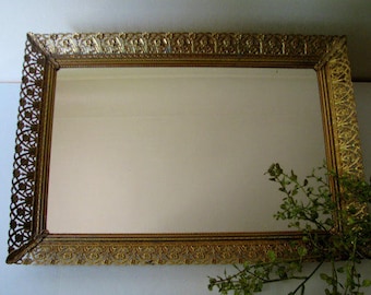 Vintage Vanity Mirror Tray Rectangular Scrolled Floral Metal