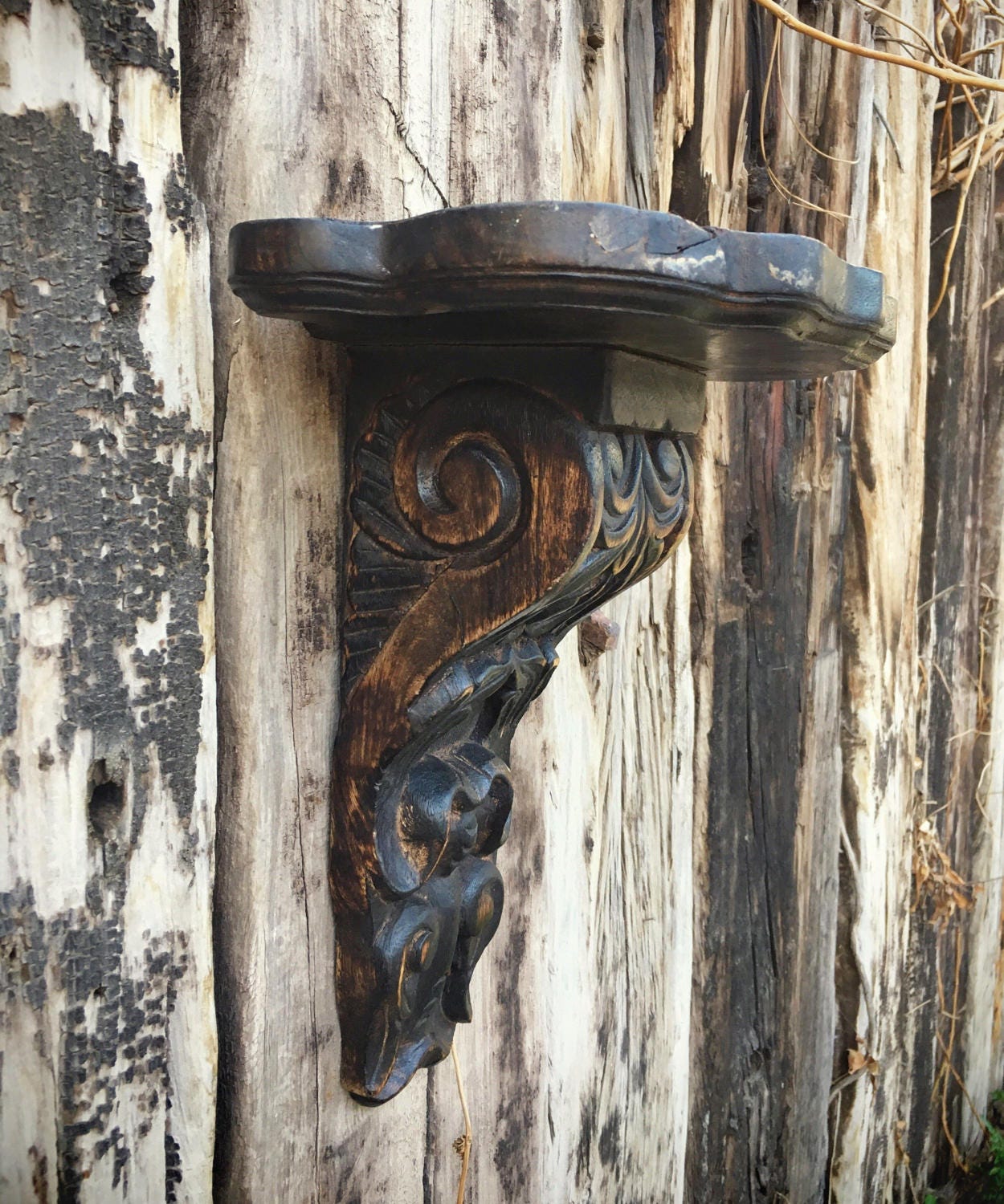 Vintage carved wood corbel shelf, architectural salvage hacienda decor ...