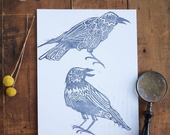 Unique crow linocuts related items | Etsy