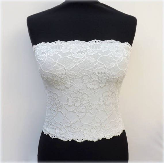 Ivory Floral Lace Bandeau Top Lined Lace Strapless Offwhite