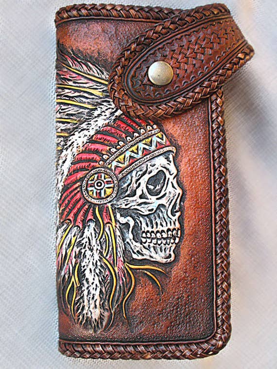 Biker Wallet Indian Skull Hand Tooled Hand Carved_belt loop