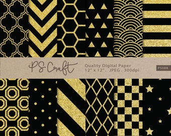 Black and Gold Glitter Digital Paper Pack. Quatrefoil