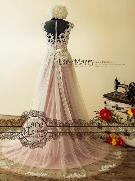 Lilac Underlay Boho Wedding Dress with Illusion Neckline and