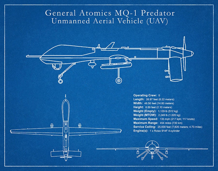 MQ-1 Predator UAV Drone Spy Plane Drawing - Reconnaissance Aircraft Art ...