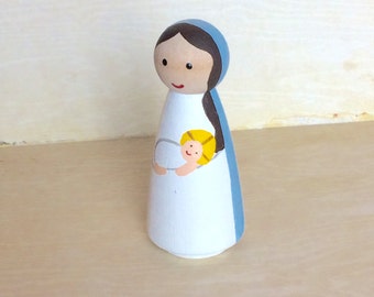 Mary Mother of God Wood Peg Doll Blessed Mother Wooden Peg