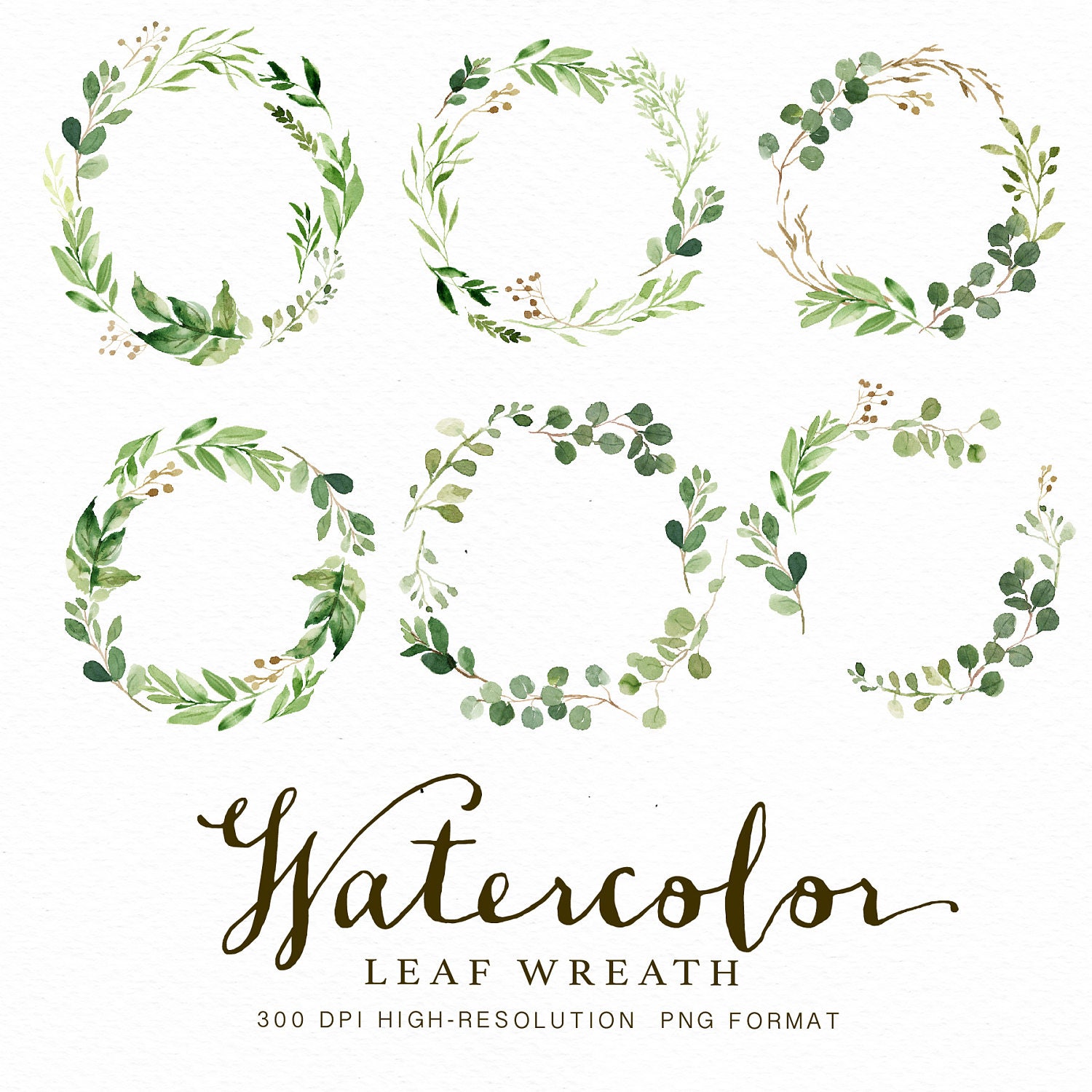 6 Watercolor Green Leaf Wreath Clip Art/Individual PNG
