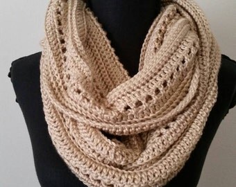 Items similar to Beige Infinity Scarf, Crochet Necklace, 2 Flowers ...