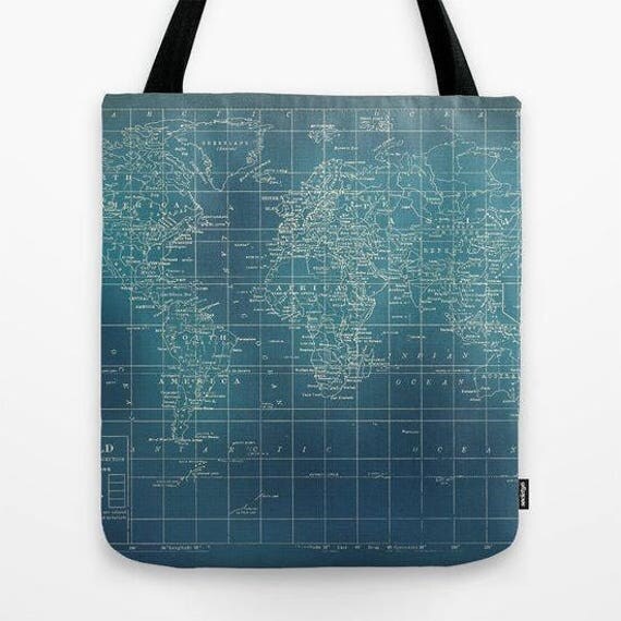 Grunge World Map Tote Bag dark teal travel theme tote