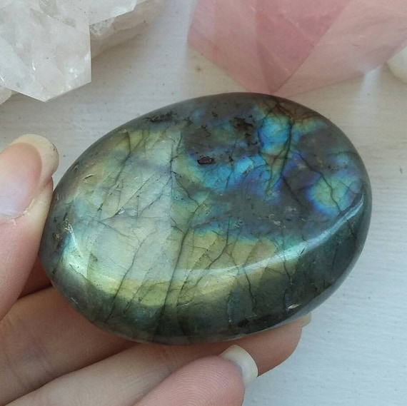 Items similar to Labradorite Palm Stone, Green, Gold, and Blue ...