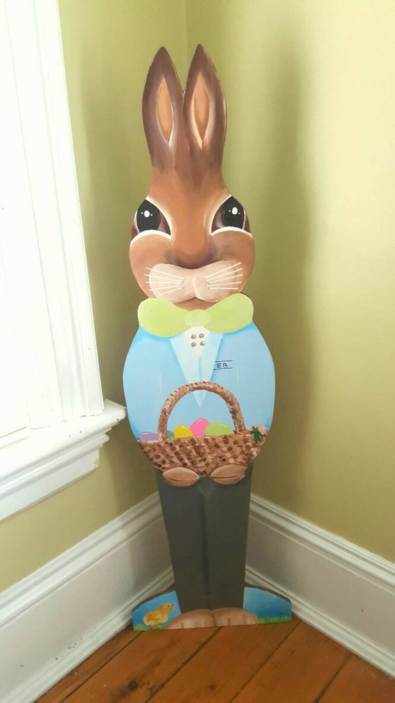 Easter bunny decor Hand painted wooden rabbit Indoor outdoor