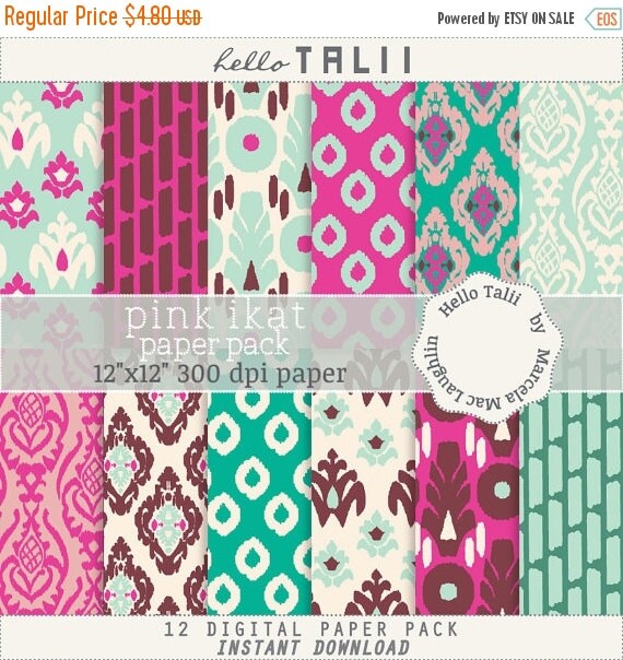 Pink Ikat Digital Paper PINK and TEAL IKAT patterns by HelloTalii