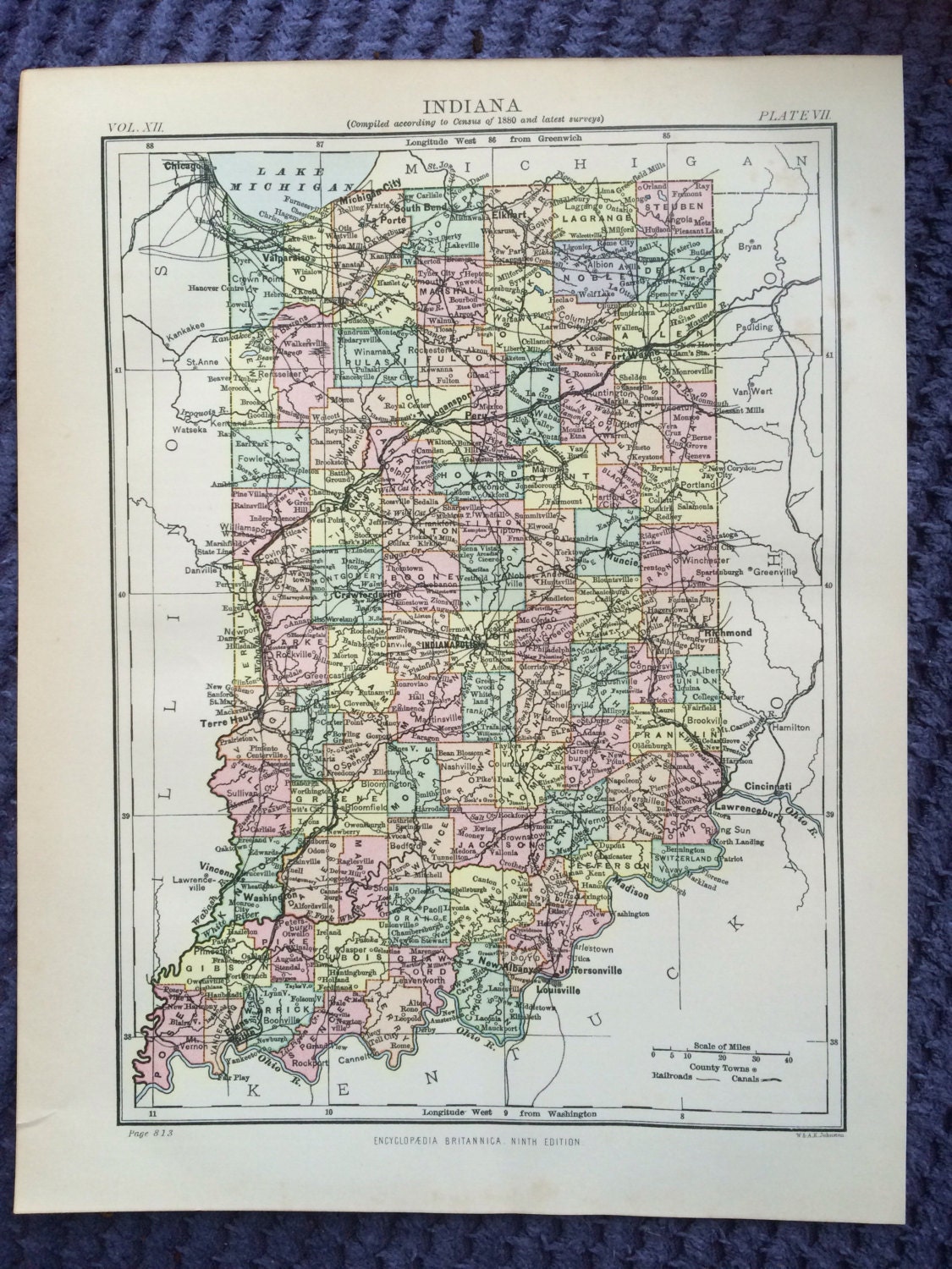 1875 INDIANA original antique map, cartography, geography, wall decor ...