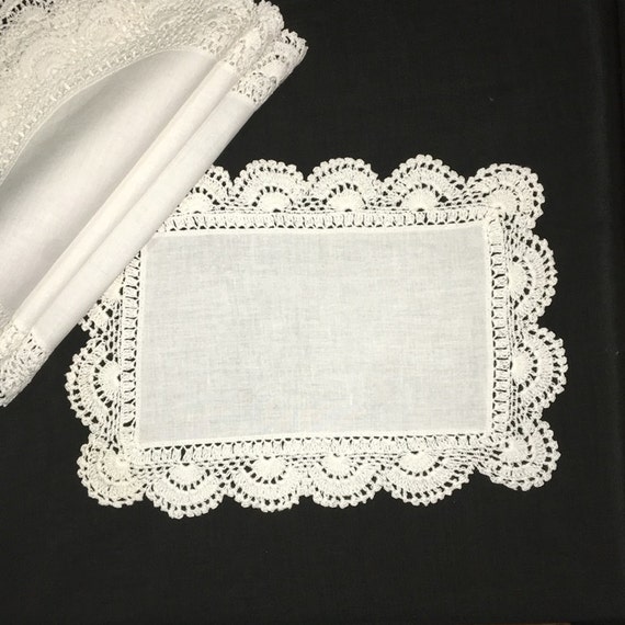White Linen Doilies Trimmed with Hand Crocheted Lace 3 Round