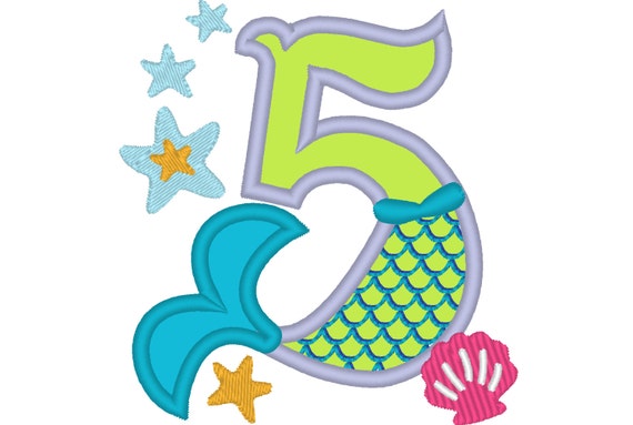 Mermaid Tail Birthday number Mermaid number FIVE 5 applique