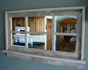 Barnwood Window Mirror with Shelf Large Size