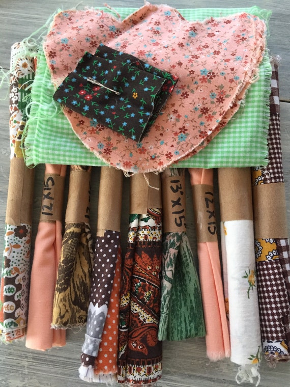 Vintage Fabric Scraps Grab Bag Brown & Peach Fabric Bundle