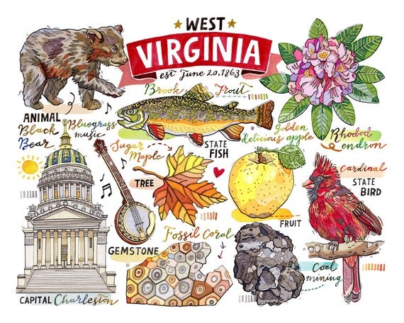 West Virginia Print State Symbols Illustration Map