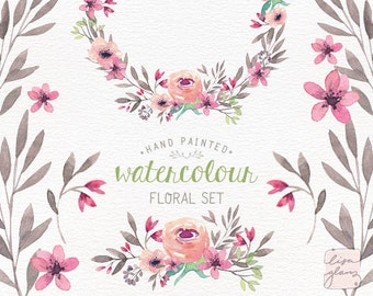 Watercolor floral border: hand painted floral clip art