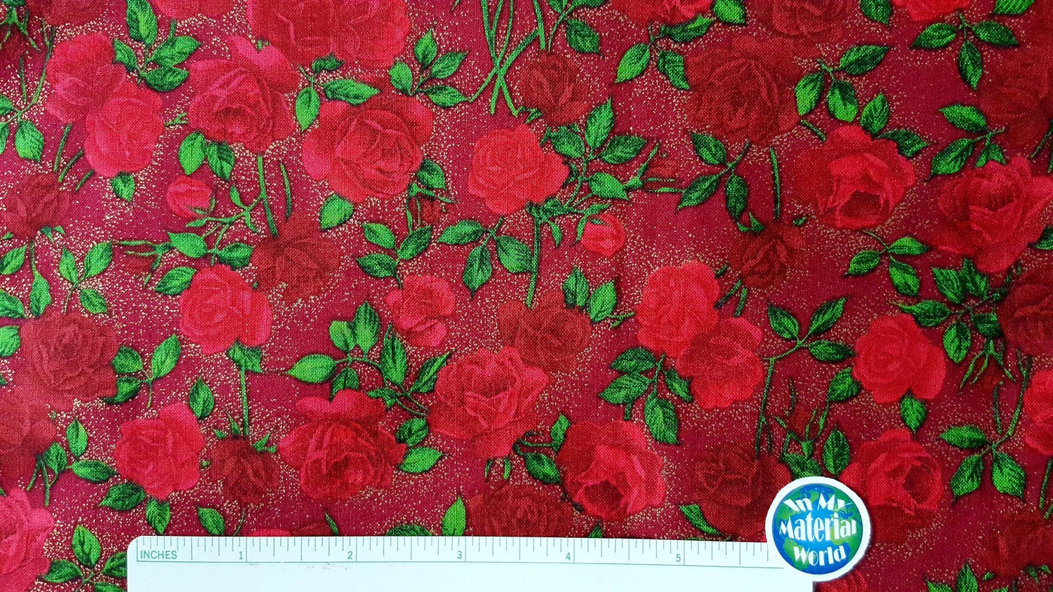 Red Rose Fabric, Metallic Gold Accents, 100% Cotton, Quilting Fabric ...