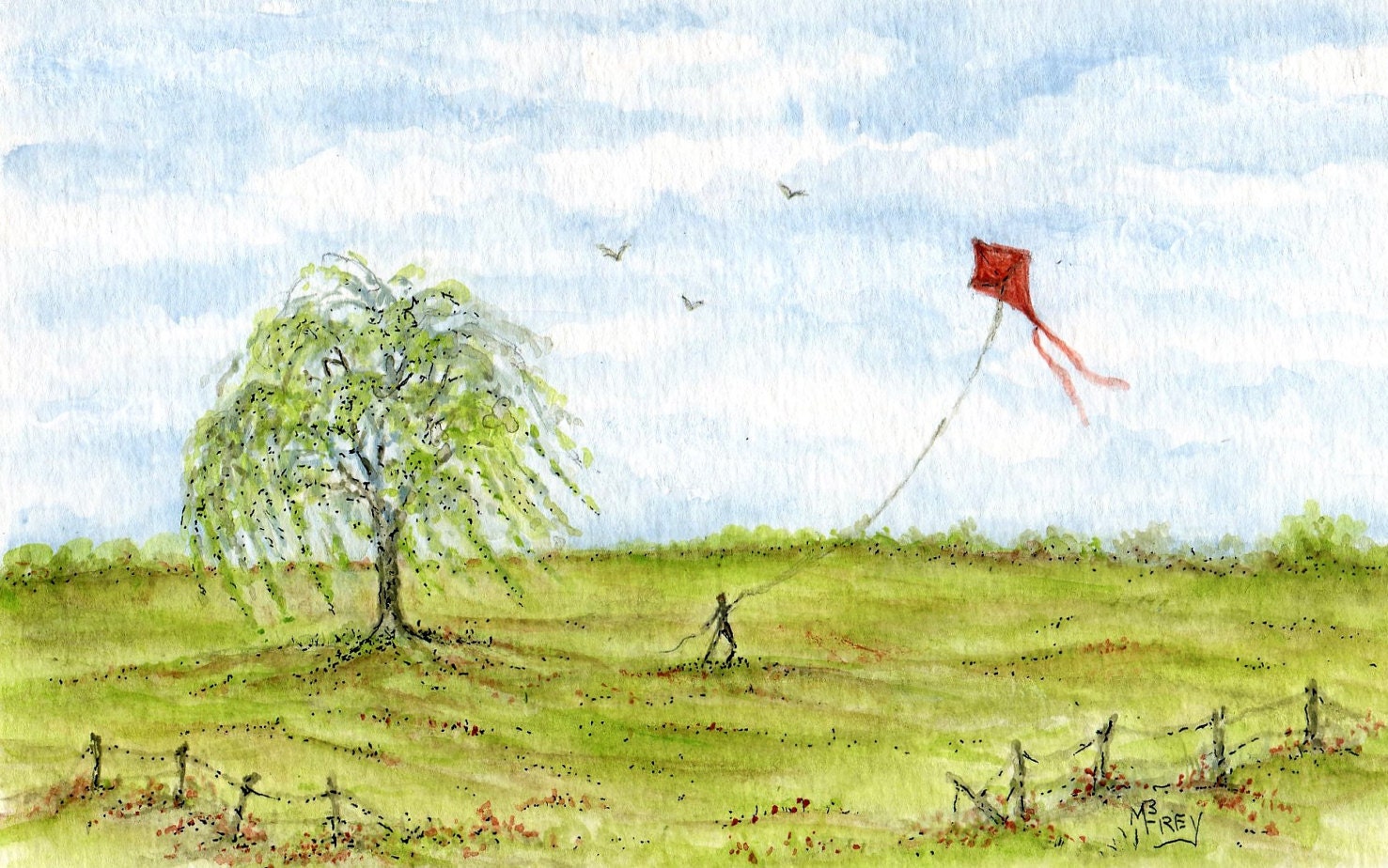 Kite Flying/Original watercolor & Ink Painting
