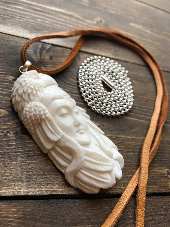 Silver Bone Necklace Handcarved Buffalo Bone Talisman