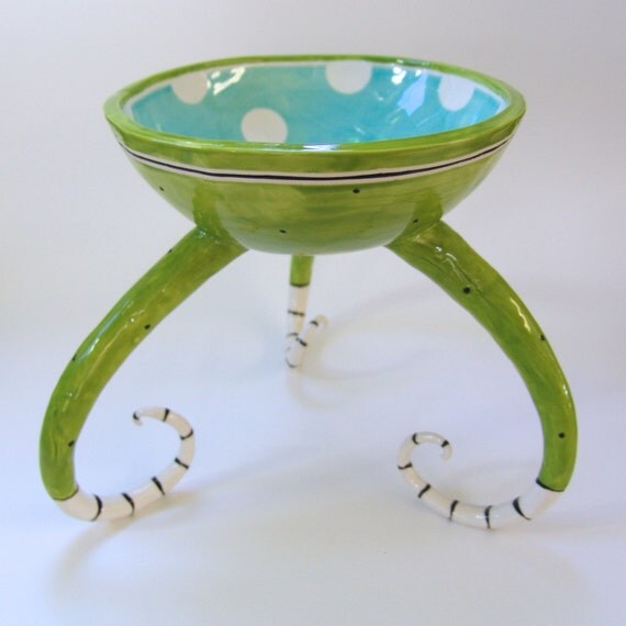 whimsical pottery Serving Bowl with legs : big colorful