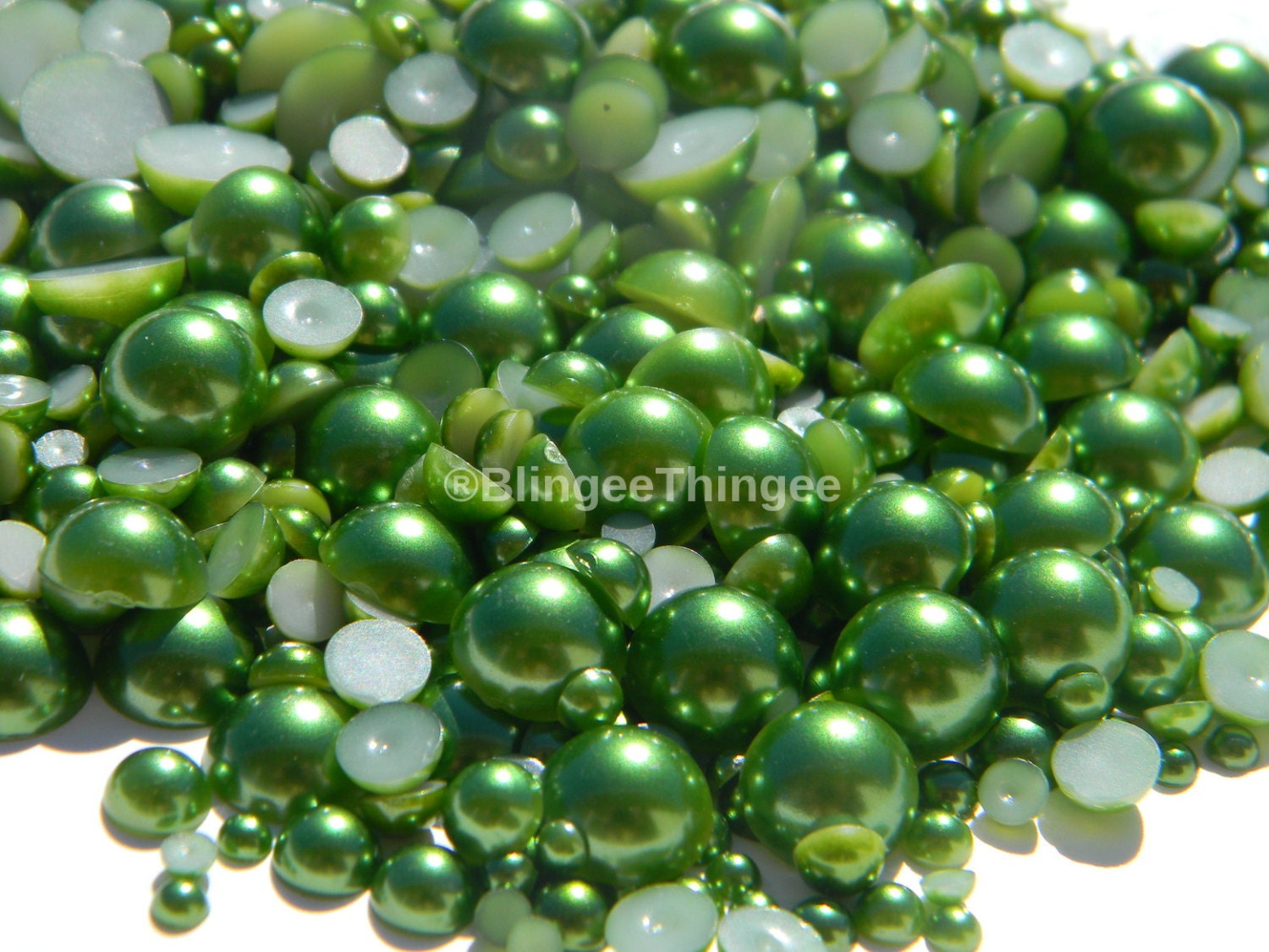 Dark Green Mixed Sizes Flatback Pearls Half Round Faux