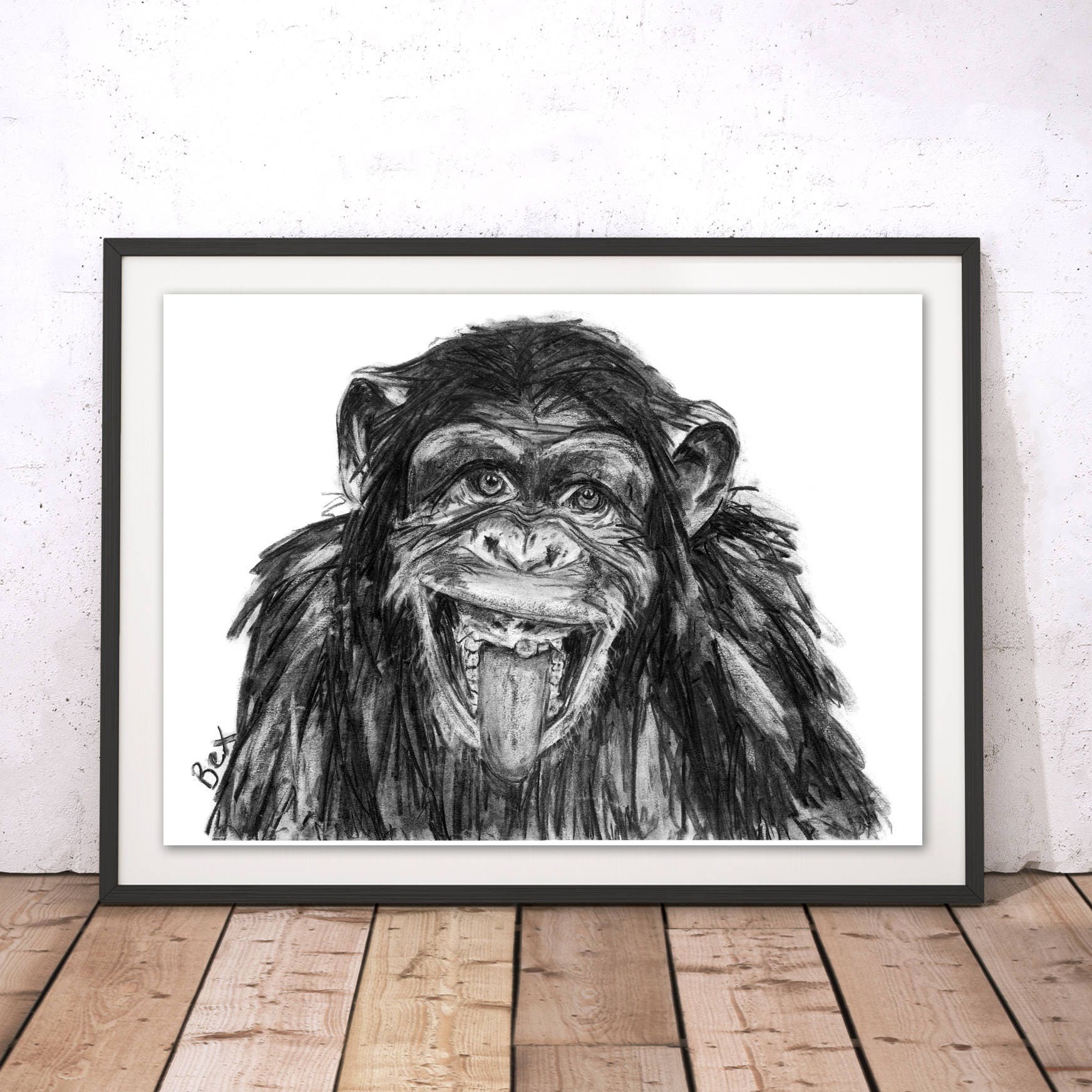 Chimp Art Print Chimpanzee Wall Art Monkey Charcoal