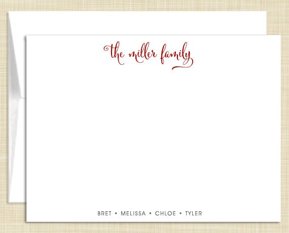 Personalized Flat Note Cards Stationery Set Family Names